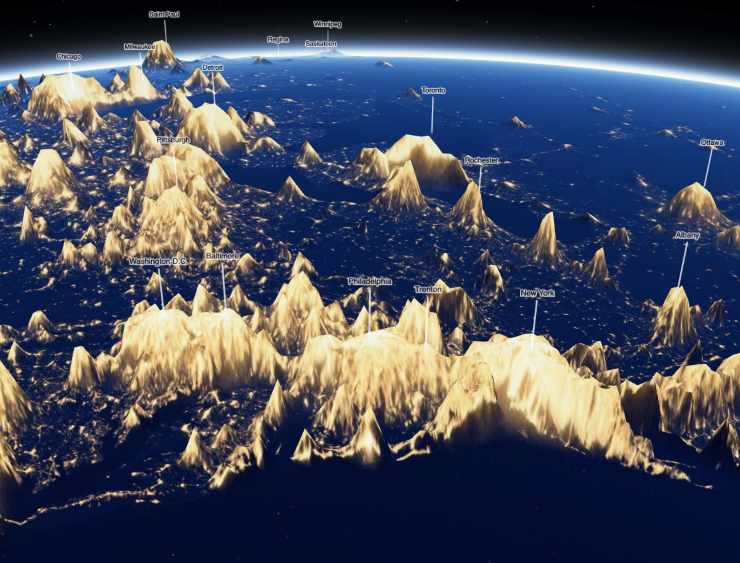 Night lights mapped as terrain – FlowingData