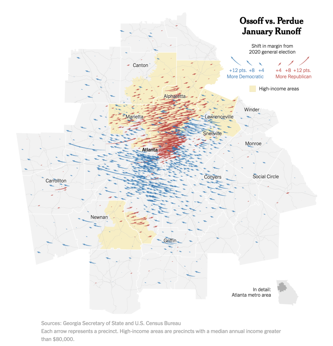 Map of the voting in Georgia, the runoff vs. the general election ...